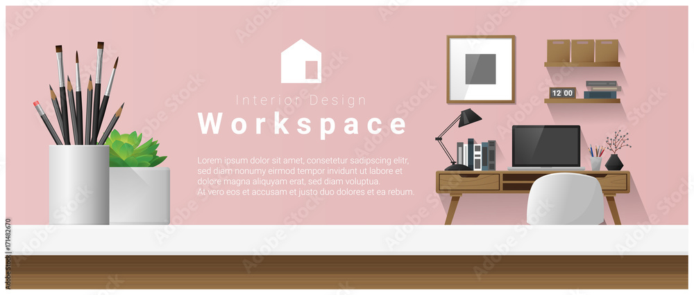 Interior design with table top and Modern office workplace background ...