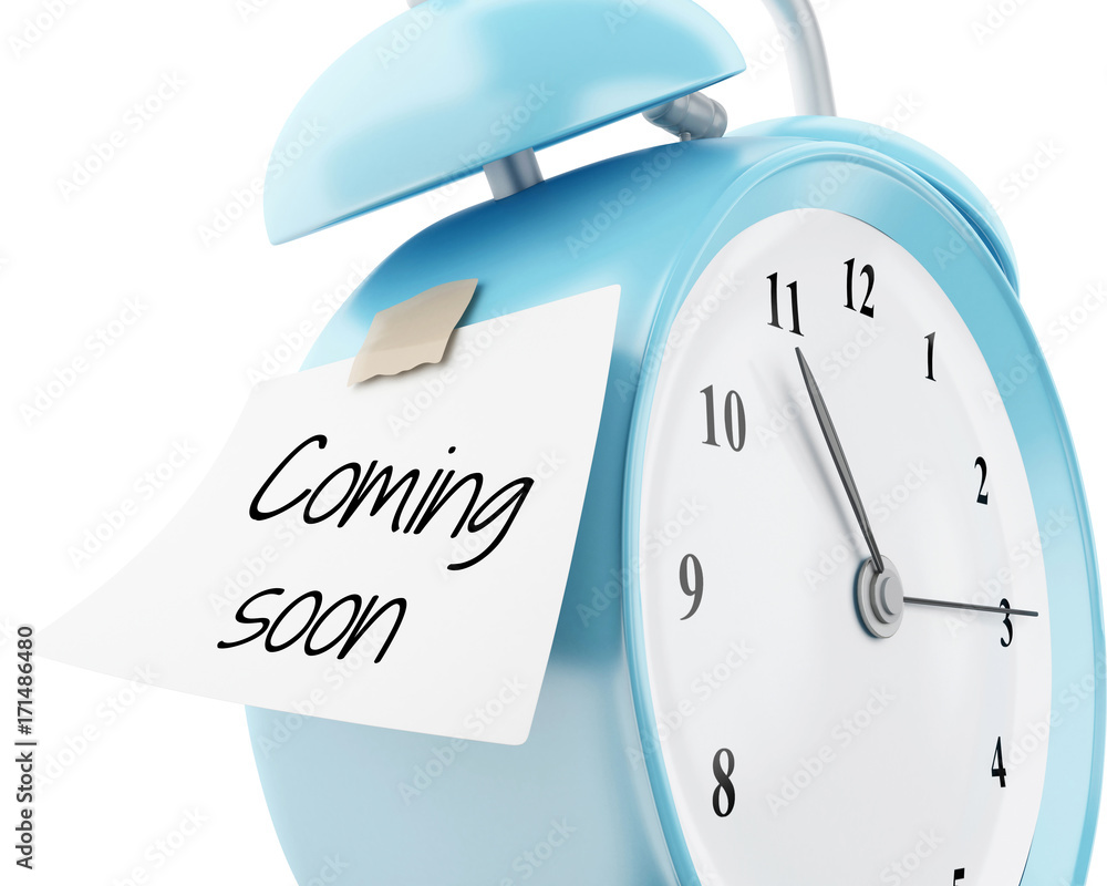 3d Alarm clock with sticky paper written "coming soon". Stock ...