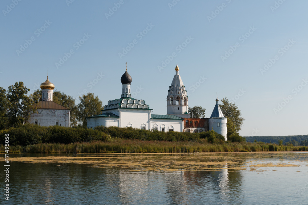 Landscape with a monastery in the middle of the lake. Ancient Russian ...