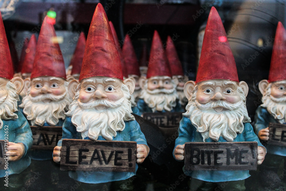 Rude garden gnomes in a store window Stock Photo | Adobe Stock