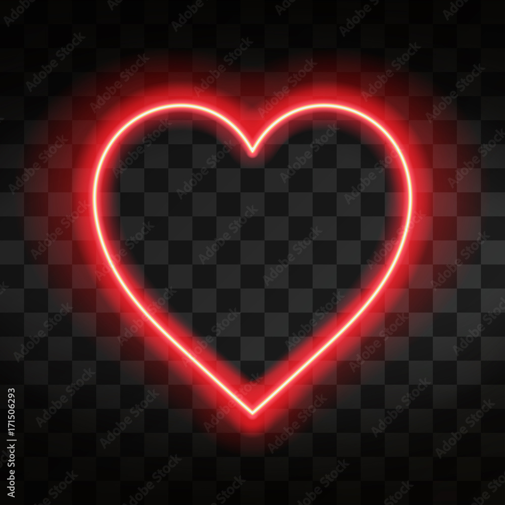 Bright neon heart. Heart sign on dark transparent background. Neon glow ...