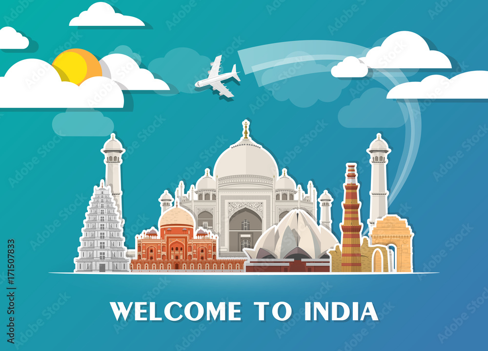 india Landmark Global Travel And Journey paper background. Vector ...