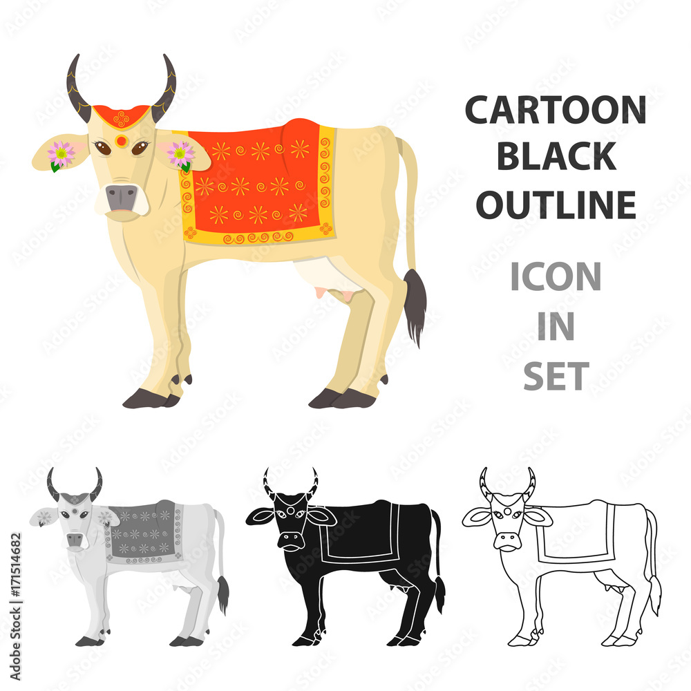 Sacred cow icon in cartoon style isolated on white background. India ...