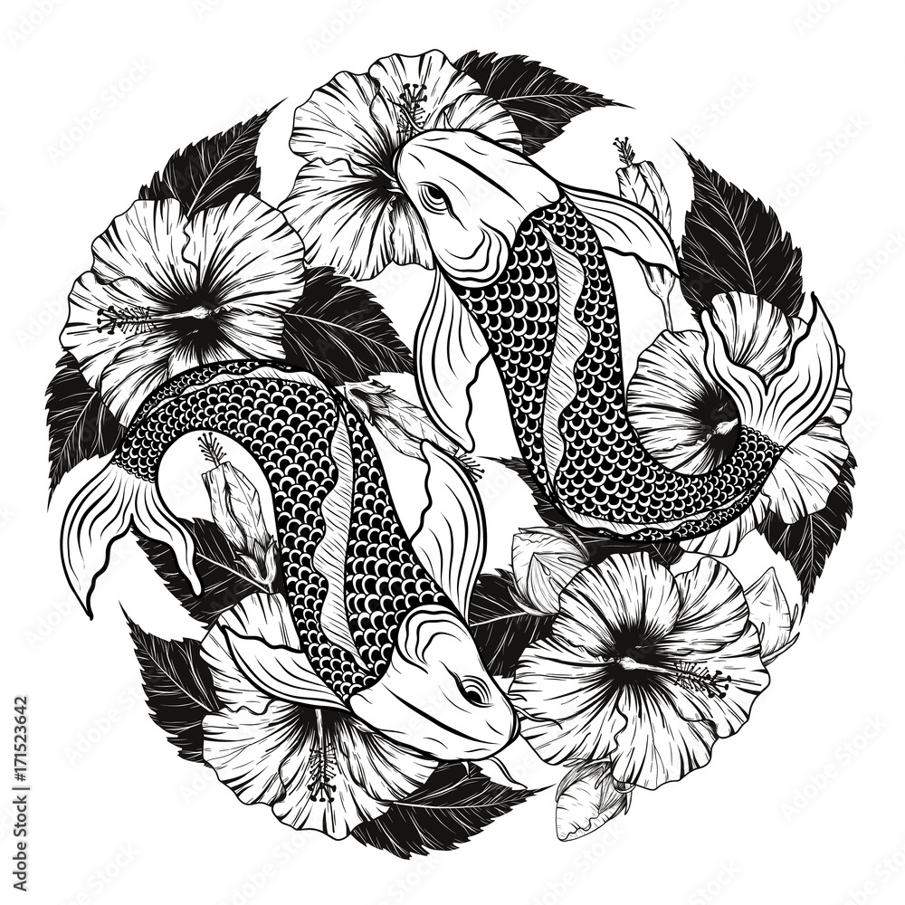 Koi fish and Hibiscus tattoo by hand drawing.Tattoo art highly detailed ...