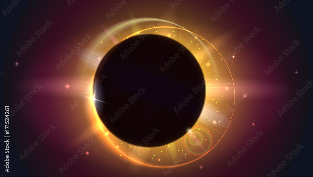 Glow light effect. The planet covering the Sun in eclipse, Moon passes ...