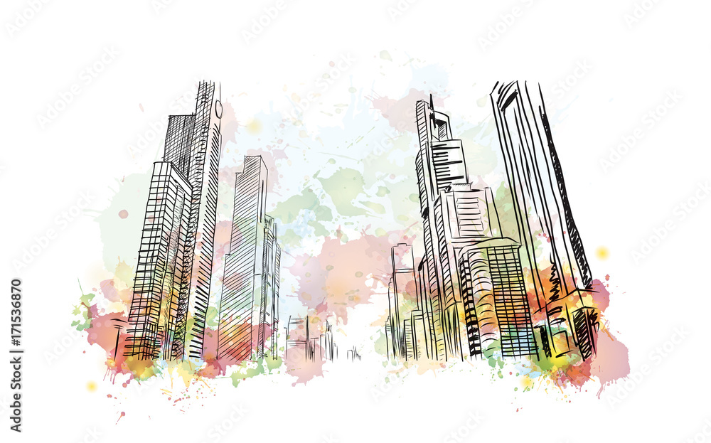 Watercolor sketch of Sheikh Zayed Rod Buildings Dubai in vector ...