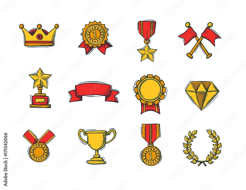 Set of winners color handdrawn icons - goblet, medal and wreath, race ...