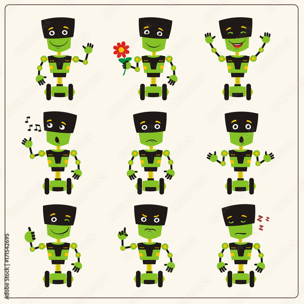 Set emoticon green Robot with different emotions. Collection isolated ...