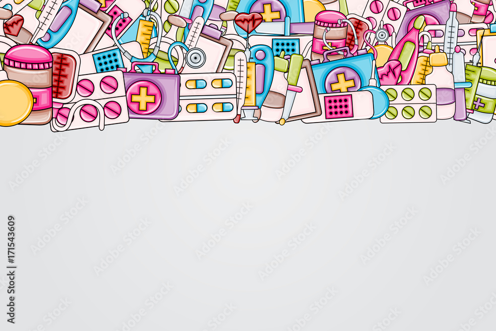Healthcare concept in 3d cartoon doodles background design. Hand drawn ...