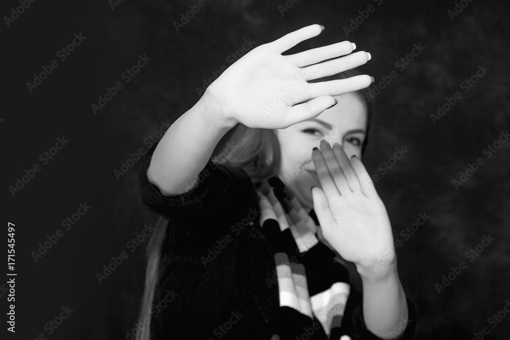 Sad woman scared putting hand in front of face (Gestures, body language ...