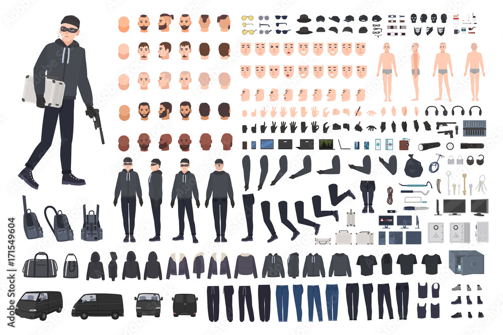 Thief, burglar or robber DIY kit. Collection of flat male cartoon ...