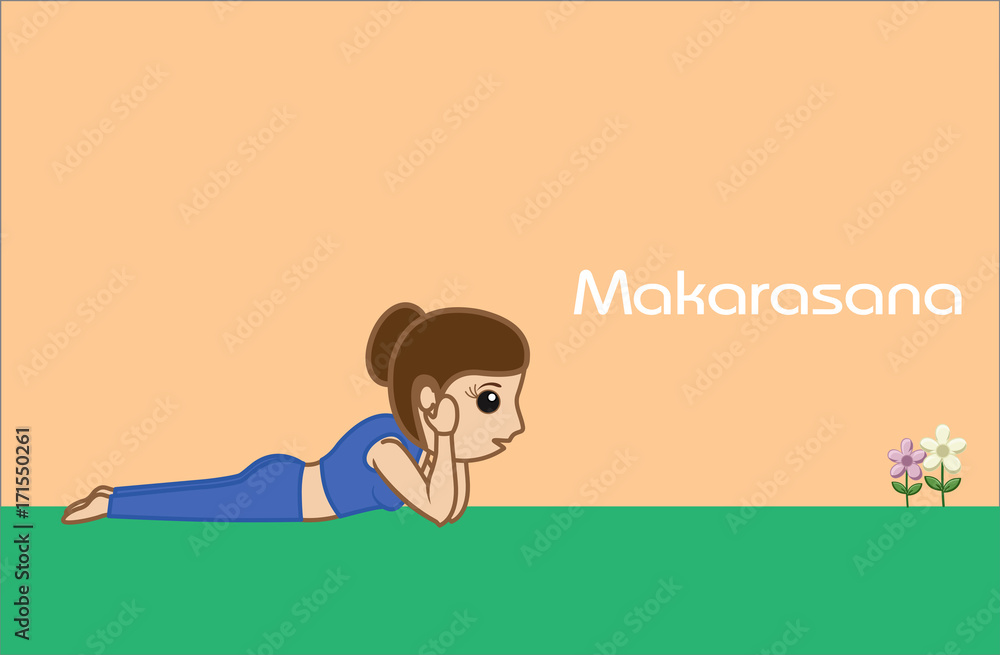 Yoga Cartoon Vector Pose - Makarasana Stock Vector | Adobe Stock