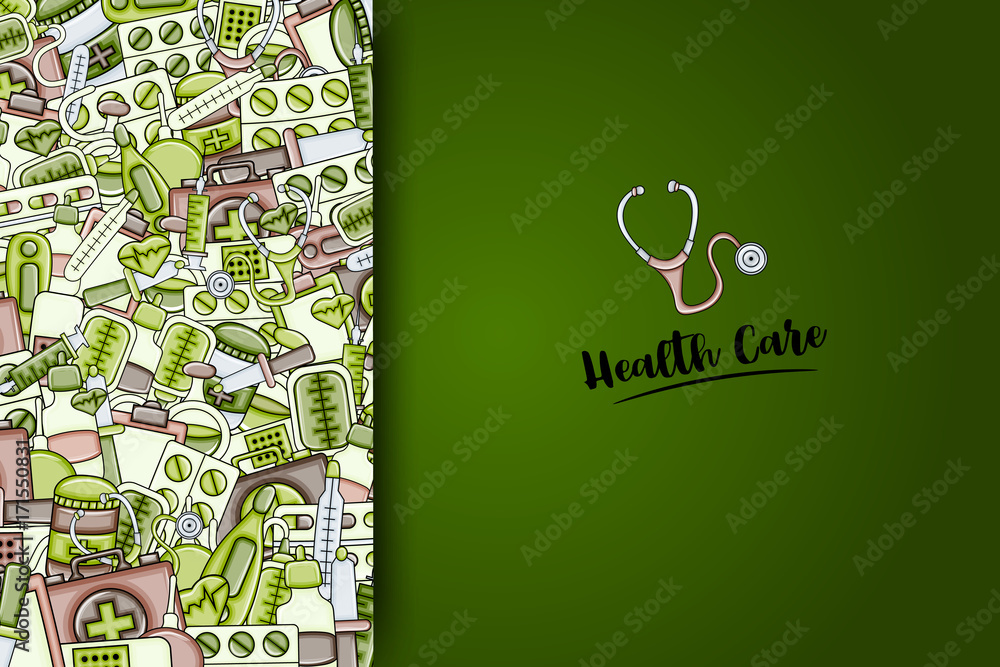 Healthcare concept in 3d cartoon doodles background design. Hand drawn ...