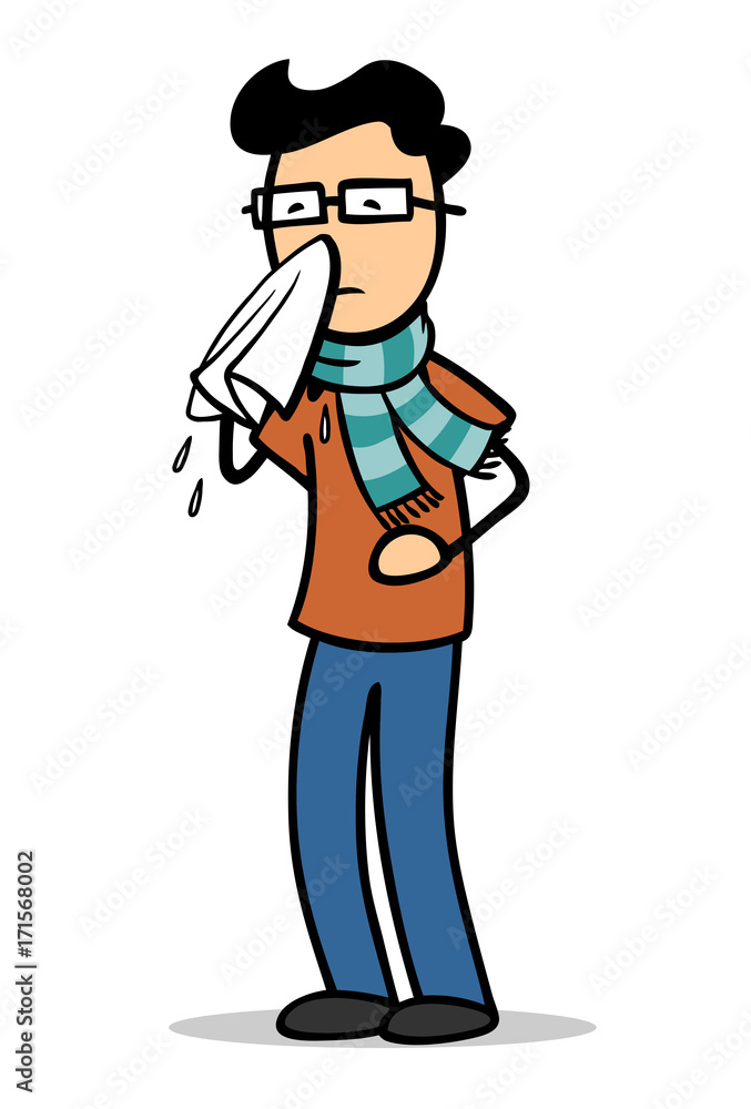 Mann mit Schnupfen beim Naseputzen Stock Illustration | Adobe Stock