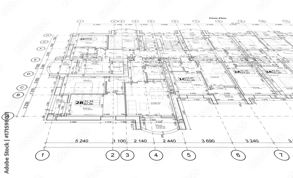 Detailed architectural plan, floor plan, blueprint layout, perspective ...