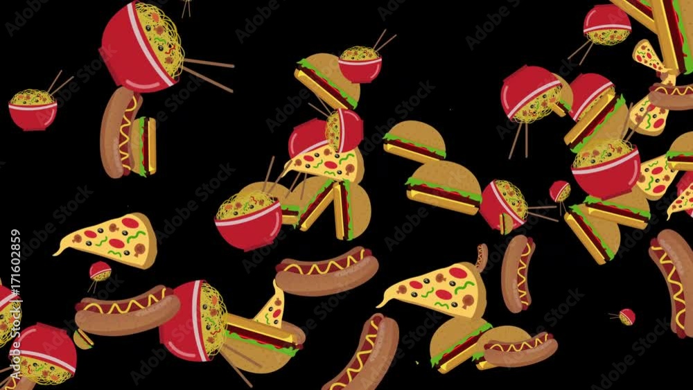 different fast food flying on black background seamless loop. fast food ...