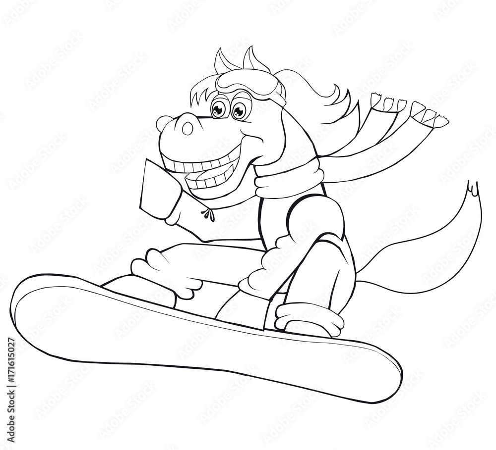 Coloring Horse is snowboarding. Cartoon style. Isolated image on white ...