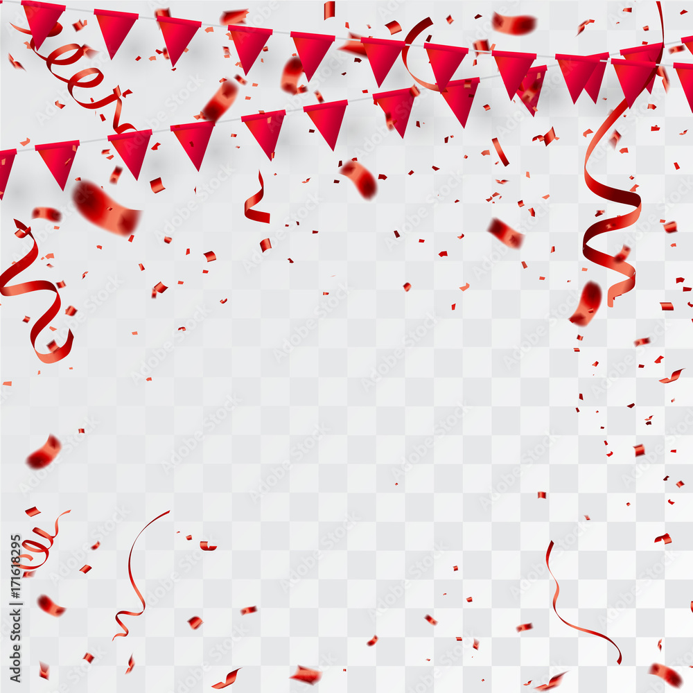 Celebration background frame template with confetti and red ribbons. Vector illustration Stock ...