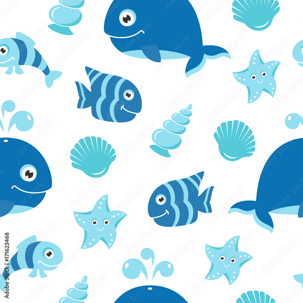 Cute seamless pattern with cartoon sea animals. The pattern can be ...
