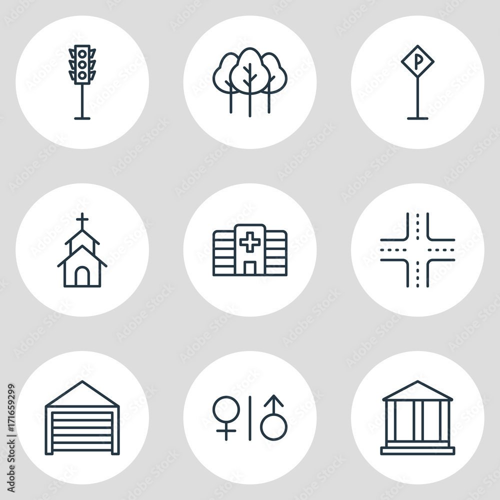 Vector Illustration Of 9 City Icons. Editable Pack Of Building, Forest ...