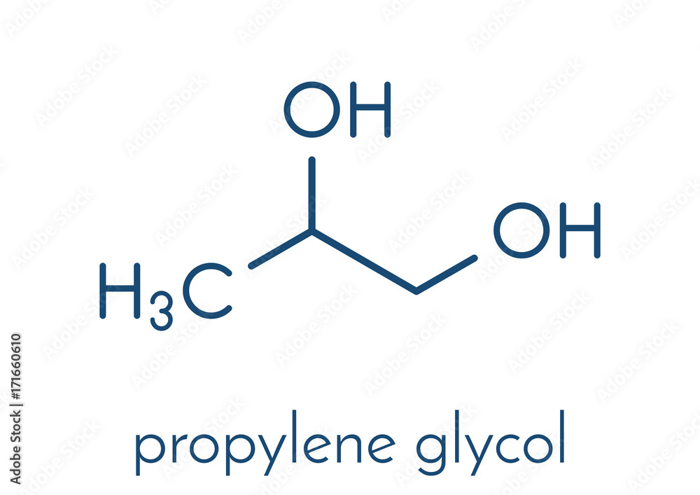 Propylene glycol (1,2-propanediol) molecule. Used as solvent in ...