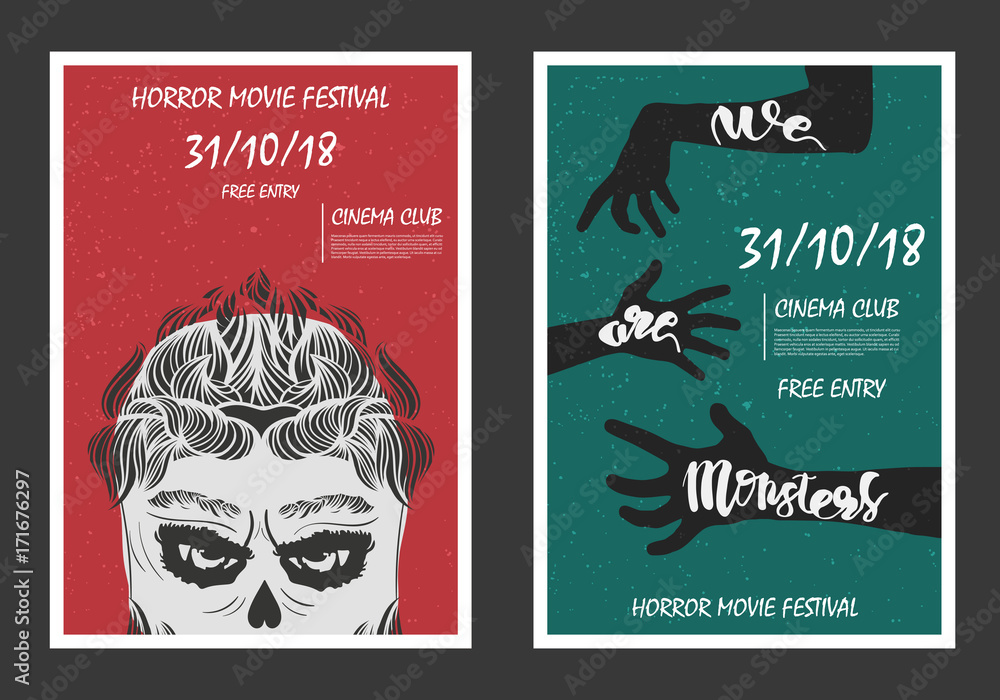 Vecteur Stock Horror movie retro posters set. Grunge halloween posters ...