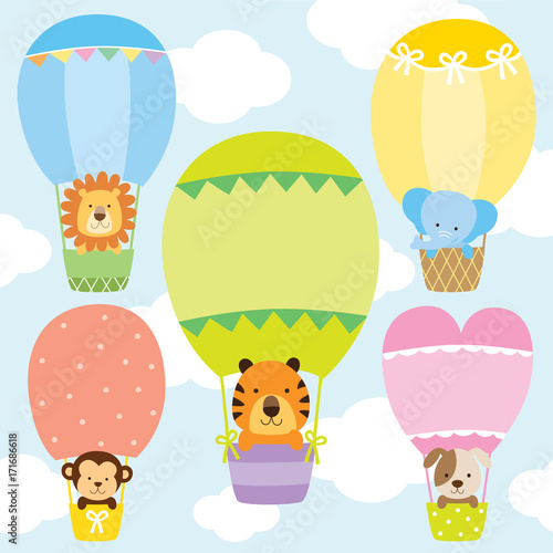 Animals in hot air balloons vector illustration set. Lion, tiger ...