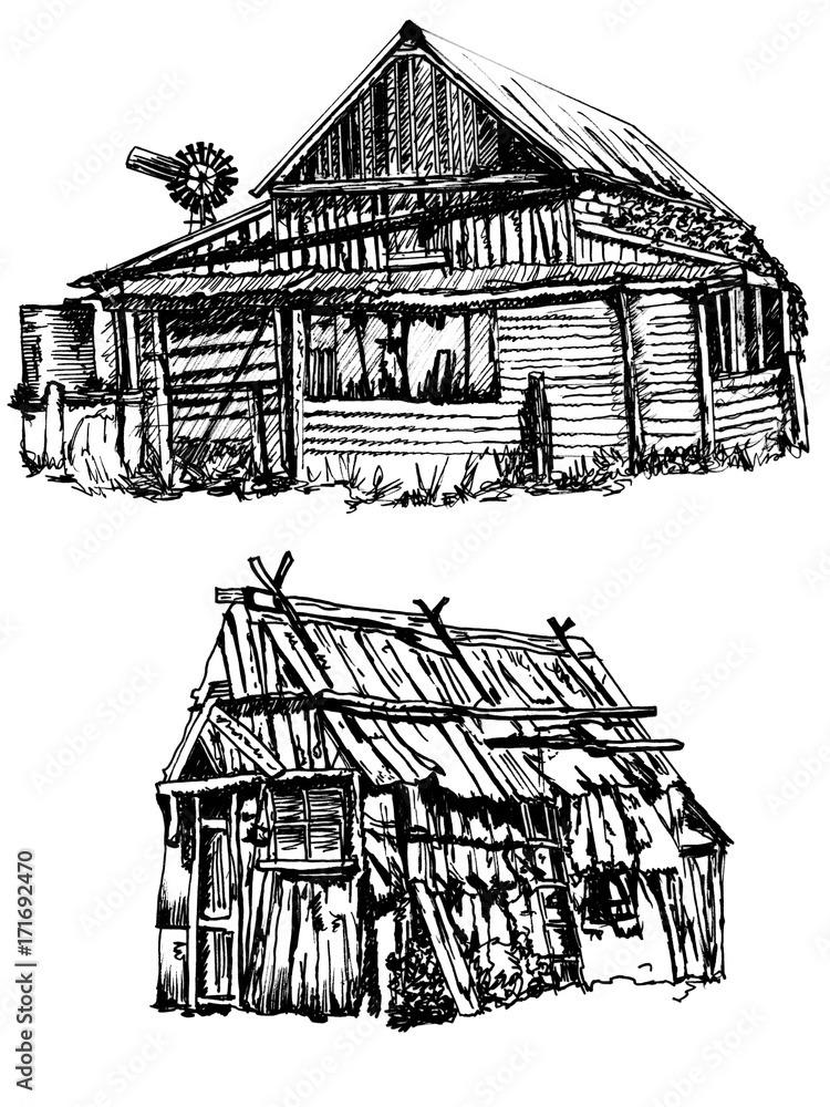 Huts. wooden houses roughly built. Line art pen drawing. Two huts ...