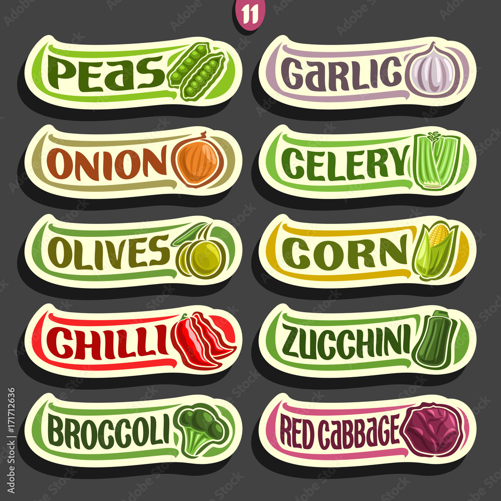 Vector Set labels with text for fresh Vegetables: 10 minimal signs of ...