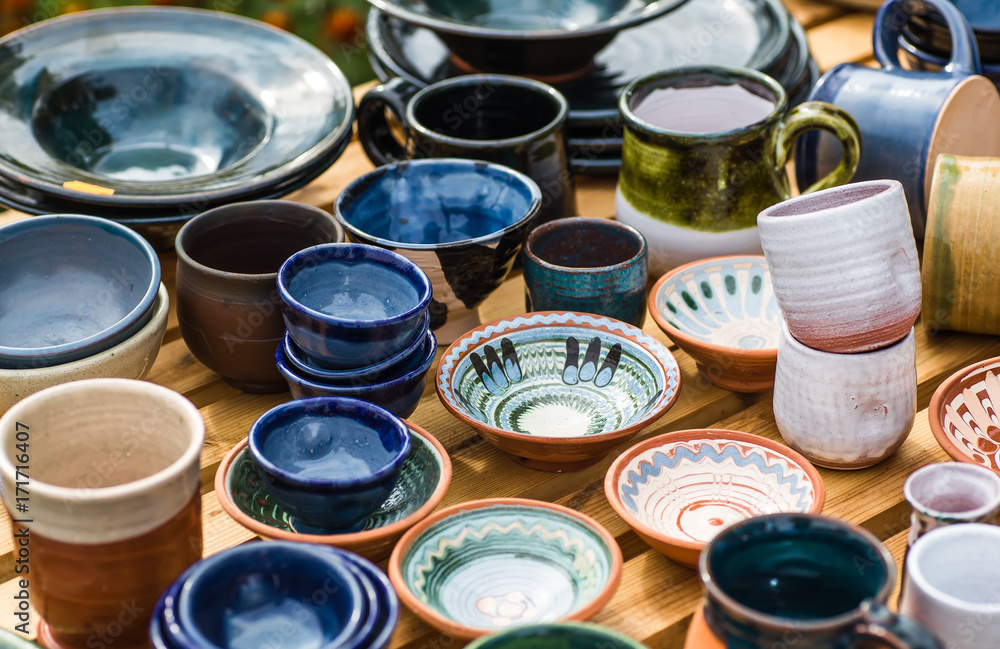 Ukrainian pottery. Pottery museum in Ukrainian village Oposhnya, center ...