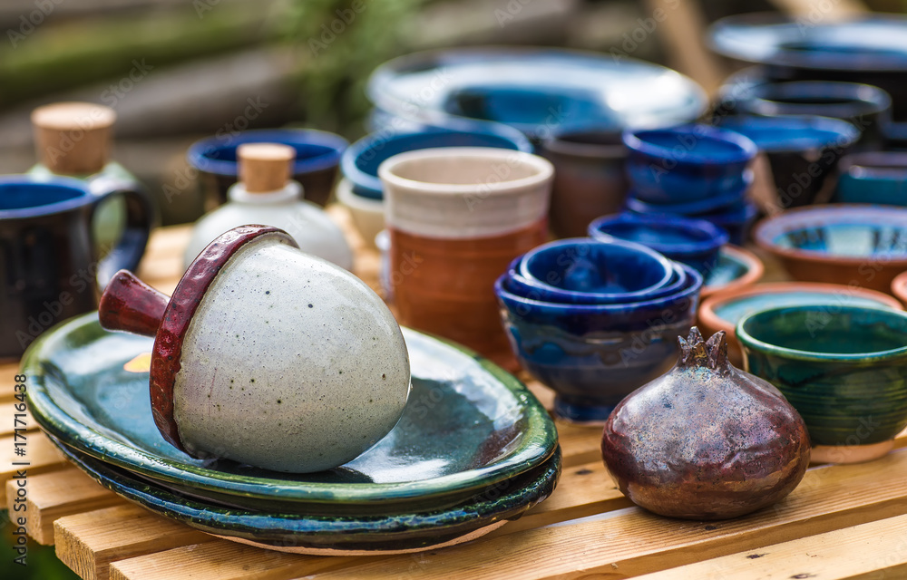 Ukrainian pottery. Pottery museum in Ukrainian village Oposhnya, center ...