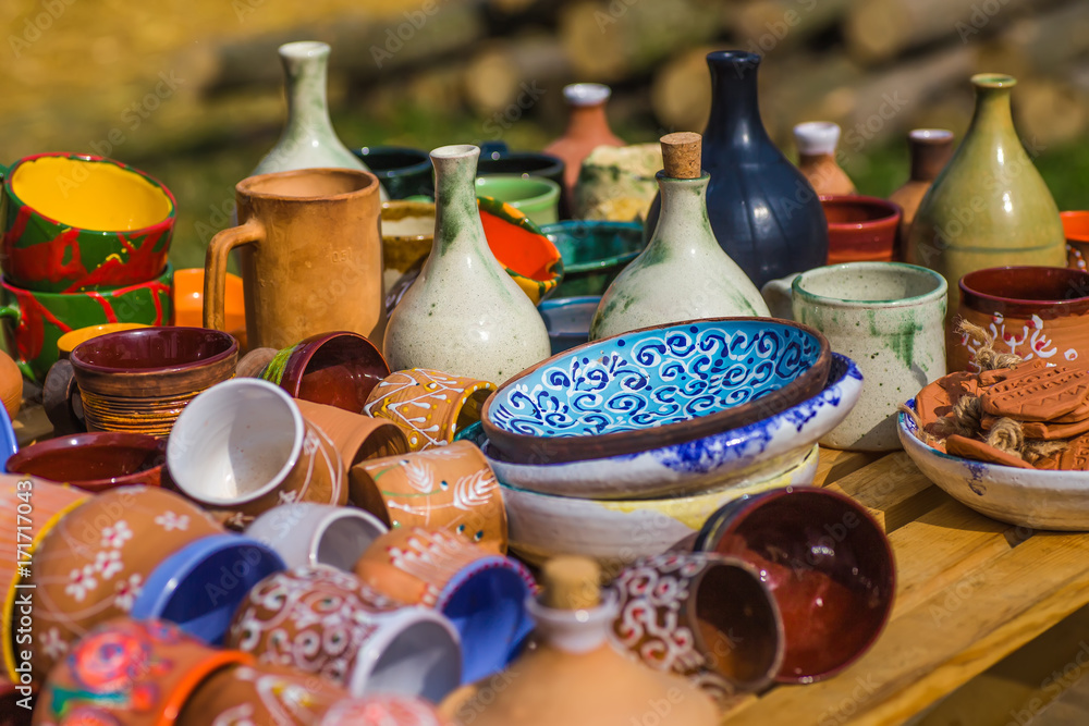 Ukrainian pottery. Pottery museum in Ukrainian village Oposhnya, center ...