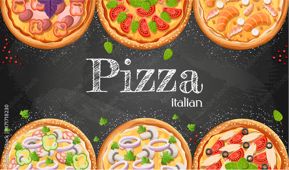 Pizza menu chalkboard cartoon background with fresh ingredients vector ...