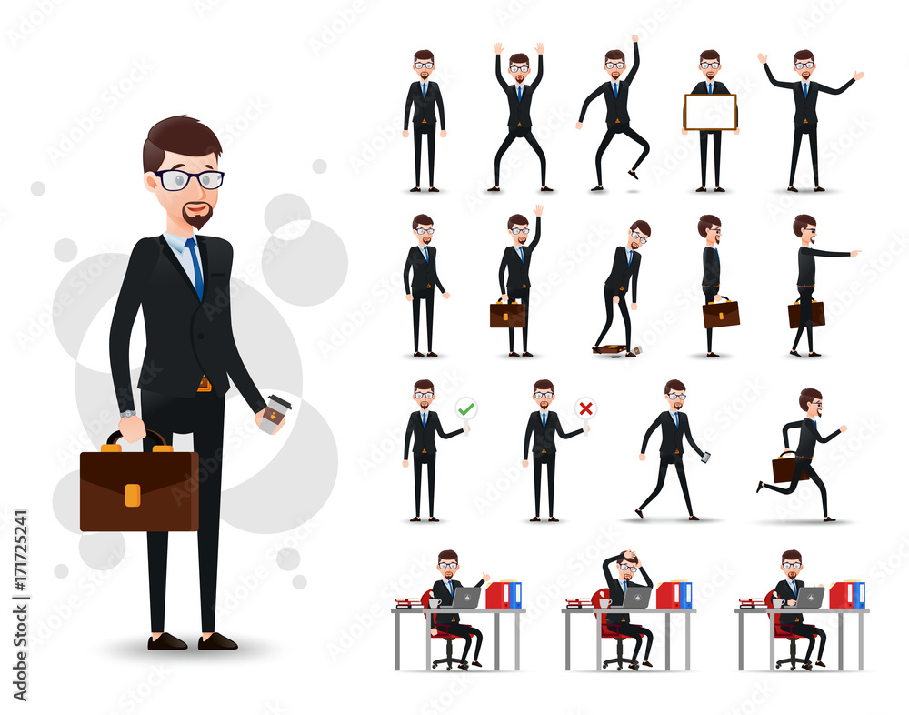 Male Businessman 2D Character Ready to Use Set with Beard, Wearing Suit ...