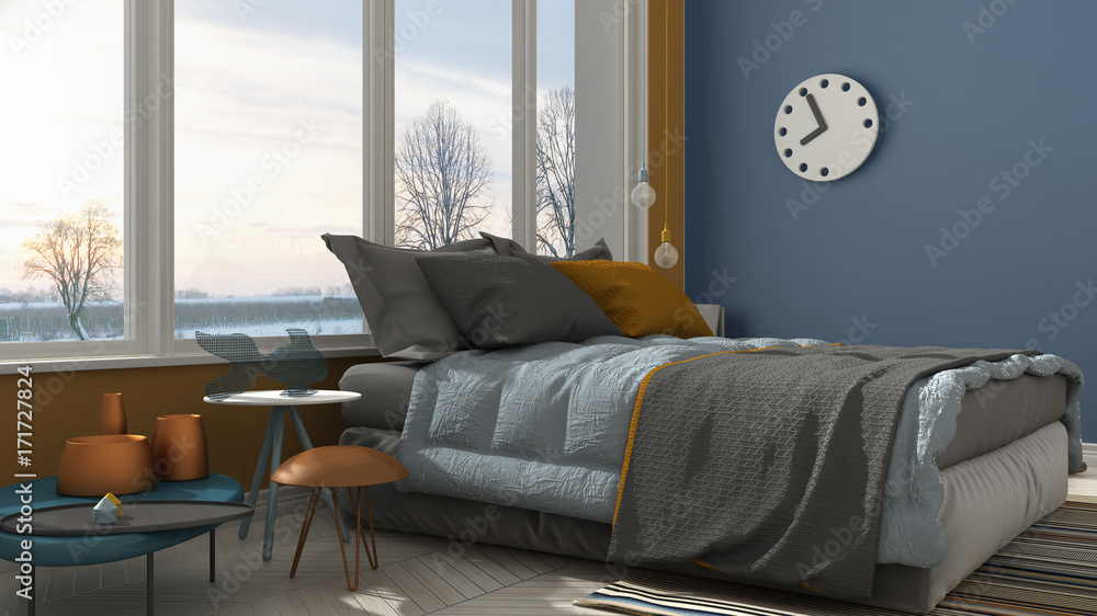 Colored modern blue and yellow bedroom with big panoramic window ...