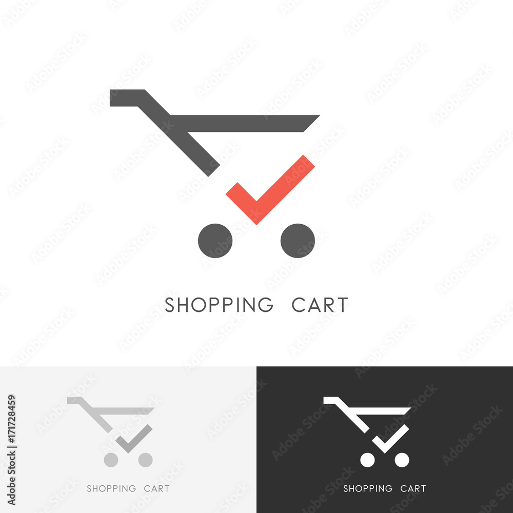 Shopping cart logo - trolley with red check mark or tick symbol. Store ...
