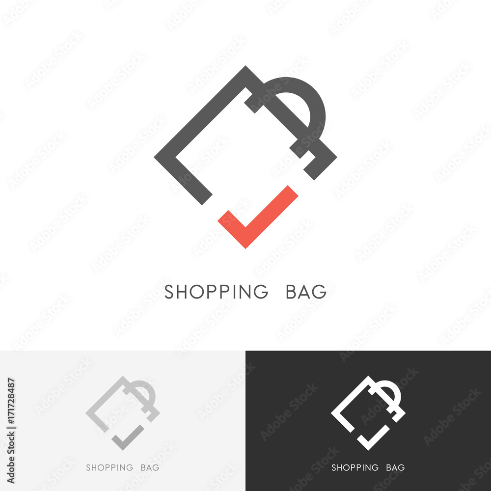 Shopping bag logo - package or packet with red check mark or tick ...