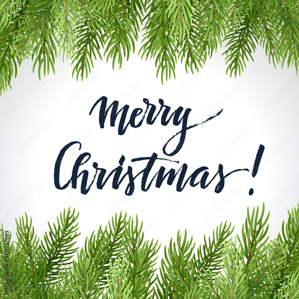 Simple Christmas design with spruce branches and lettering on a light ...