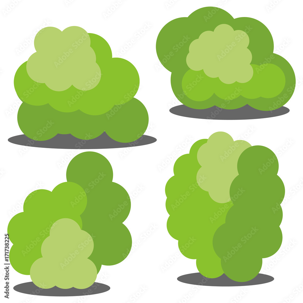 Set of four different cartoon green bushes isolated on white background ...