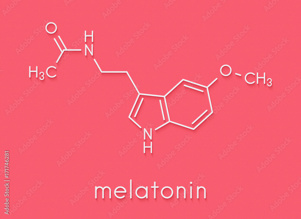 Melatonin hormone molecule. In humans, it plays a role in circadian ...