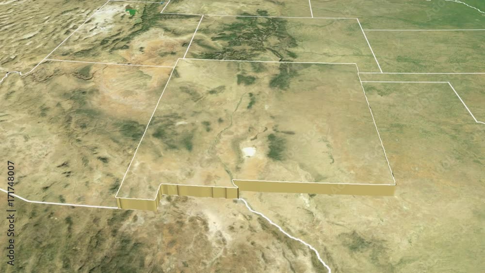 New Mexico state (USA) extruded on the satellite map of North America ...