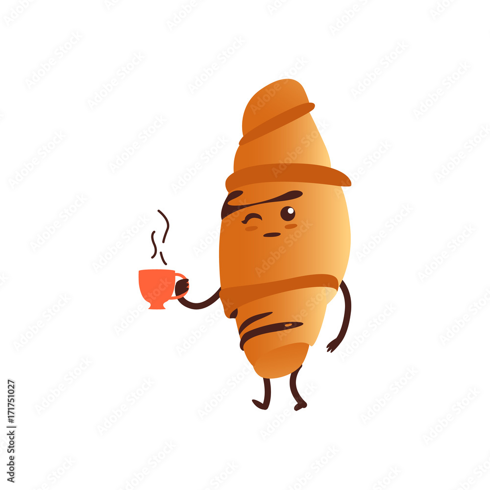Funny croissant with cup of tea, breakfast character, cartoon vector ...