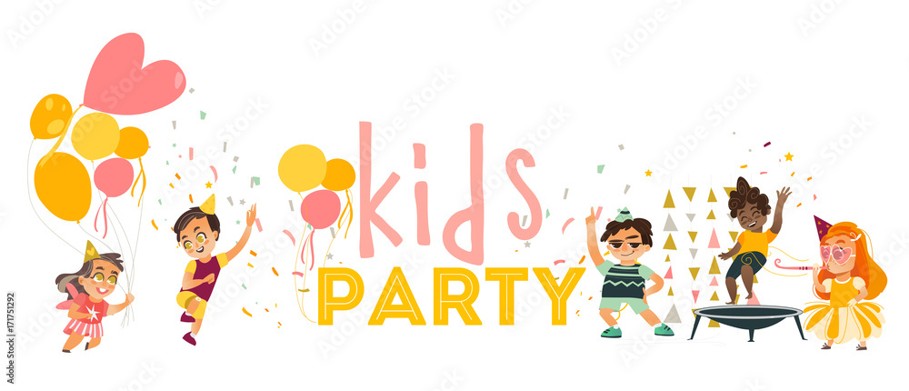 vector flat kids at party set. Funny girls in hat whistling, dancing ...