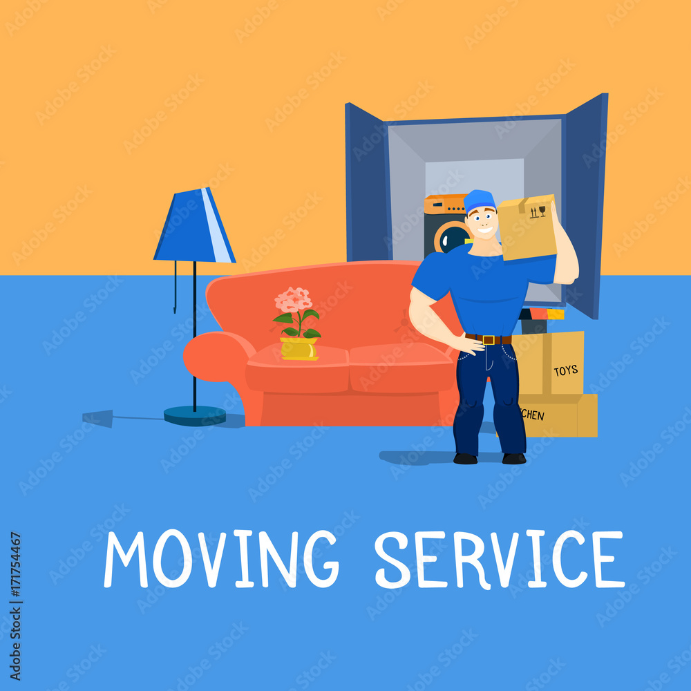 Moving service guy with furniture and moving truck vector illustration ...