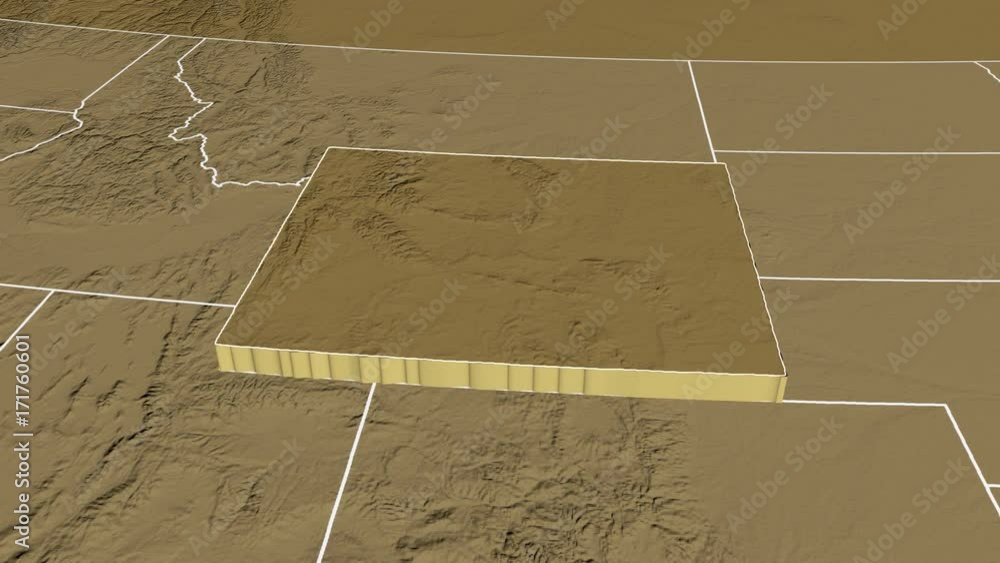 Wyoming state (USA) extruded on the elevation map of North America ...