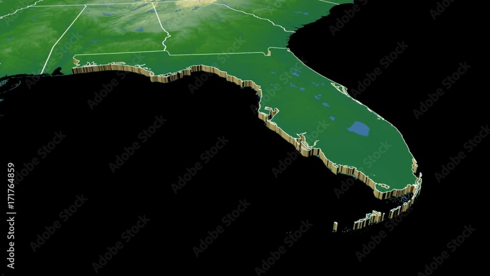Florida state (USA) extruded on the physical map of North America ...