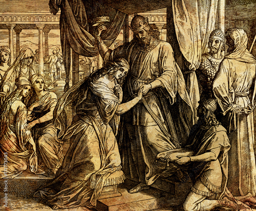 The story of Ester, graphic collage from engraving of Nazareene School ...