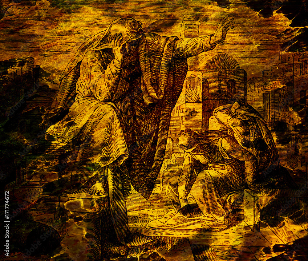 The cry of Jeremiah the prophet, graphic collage from engraving of ...