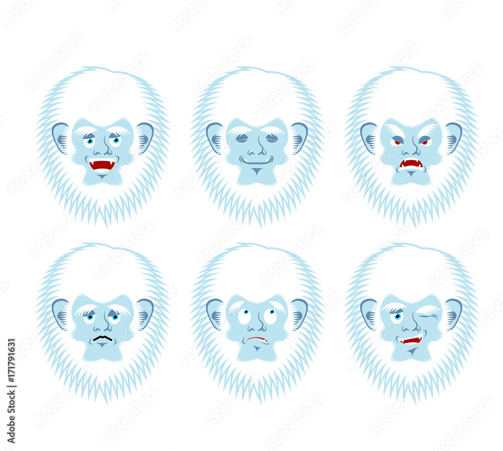 Yeti emoji set. Bigfoot sad and angry face. Abominable snowman guilty ...