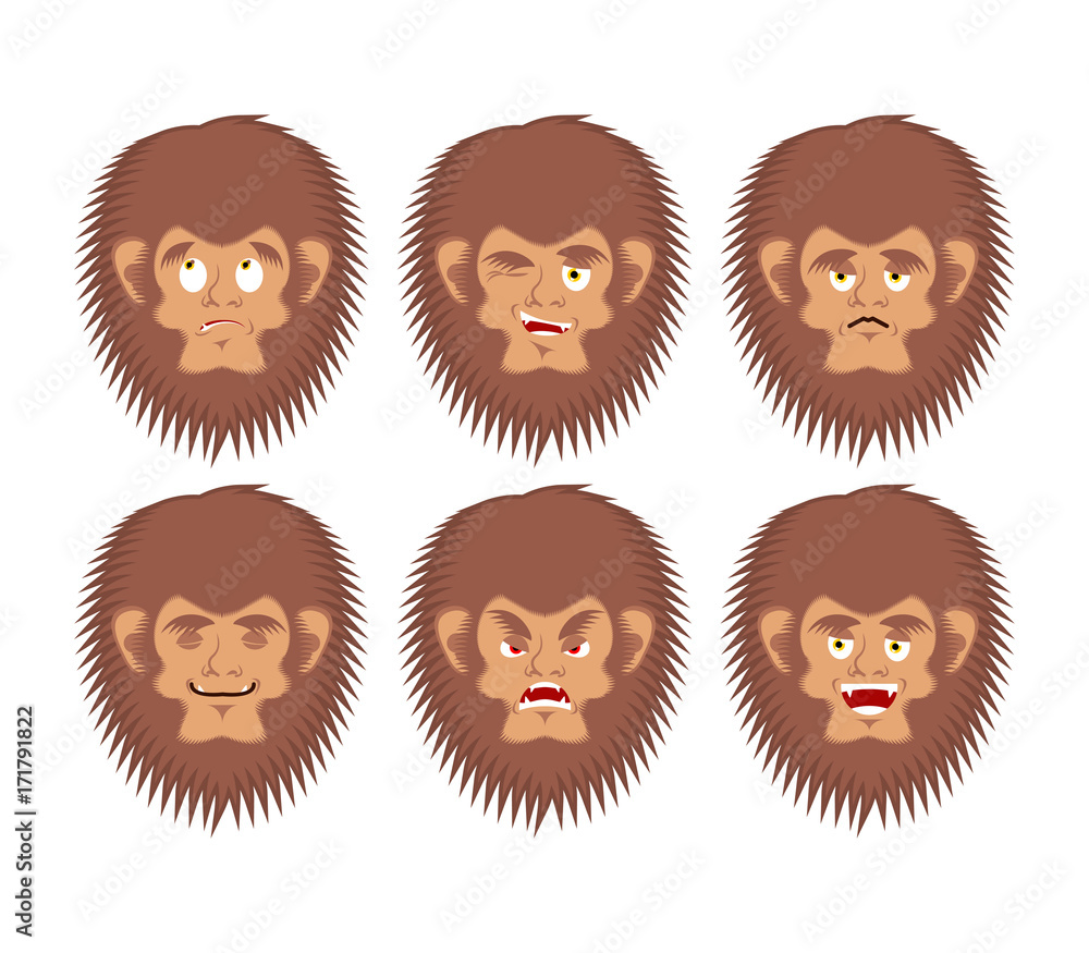 Bigfoot emoji set. Yeti sad and angry face. Abominable snowman guilty ...